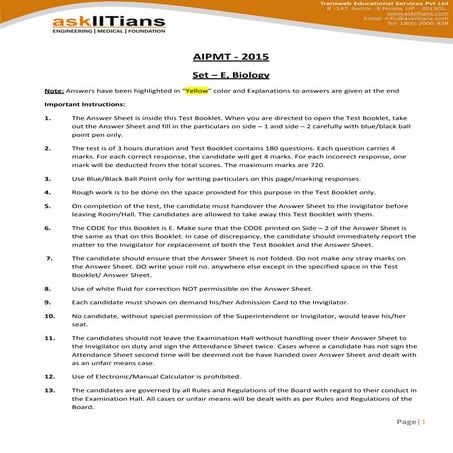 NEET UG 2015 Biology Question Paper | PDF