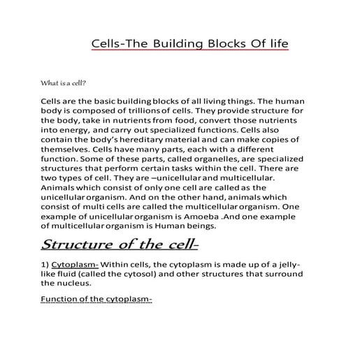 Biol ogy ch 2(cells-the building blocks of life) | PDF