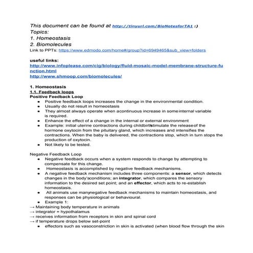 Bio Notes (Homeostasis, Biomolecules) | PDF