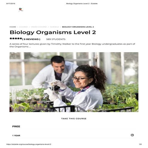 Biology Organisms Level 2 - Edukite | PDF