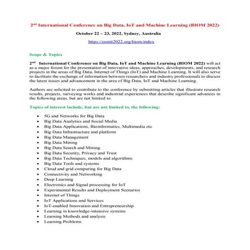 Call for Papers - 5th International Conference on Big Data, IoT and ...