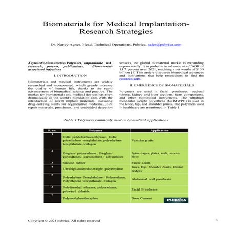 Biomaterials for medical implantation research strategies - Pubrica ...