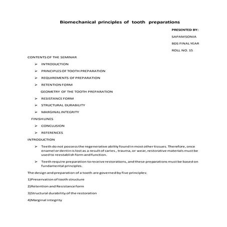 Biomechanical principles of tooth preparations microsoft word | PDF