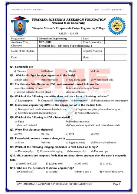 Biomedical Engineering Technical Skill Development (Multi choice ...