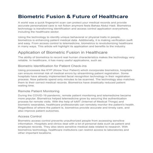 Biometric Fusion And Future Of Healthcare Pdf