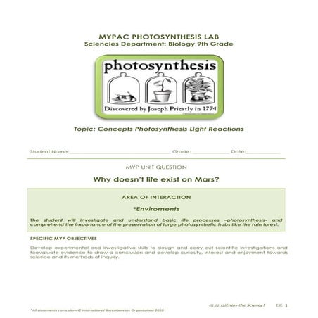 Bio mypac lab photosynthesis eje 12 | DOCX