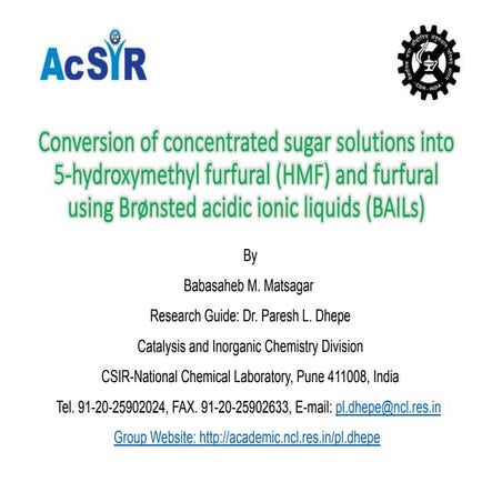 Biorefinery Sugars Ionic Liquid Furfural Hmf Dehydration Matsagar Paresh Dhepe Ncl Pdf
