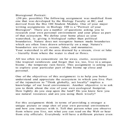 Bioregional Portrait (50 pts. possible) The following assignment | DOCX