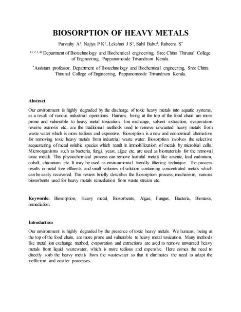 BIOSORPTION OF HEAVY METALS BY VARIOUS ORGANISMS (BACTERIA, ALGAE AND ...