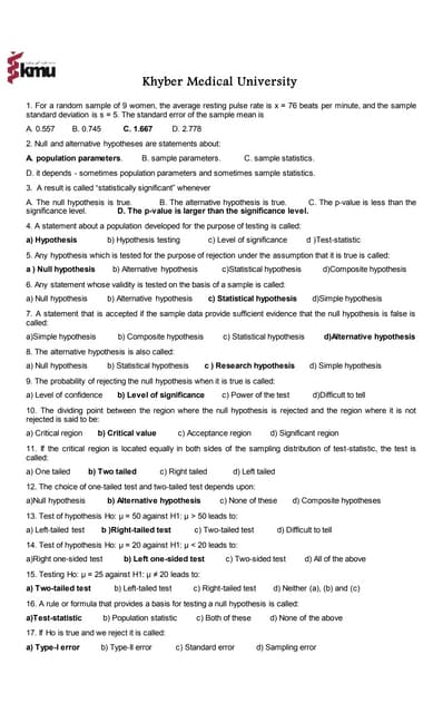 Biostatistics multiple choice questions(1) | PDF | Physics | Science