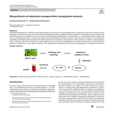 Biosynthesis Of Selenium Nanoparticles Using Plant Pdf Chemistry Science