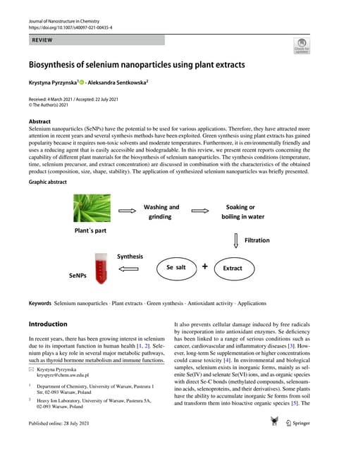 Biosynthesis Of Selenium Nanoparticles Using Plant Pdf Chemistry Science