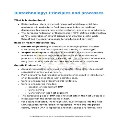 Biotechnology- Principles and Processes study material pdf | PDF