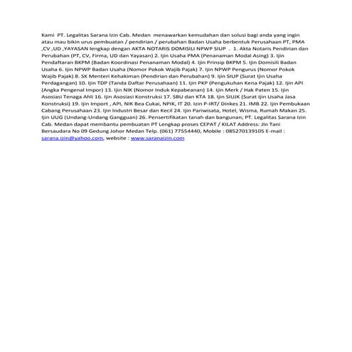 JASA PENGURUSAN IZIN USAHA | PENDIRIAN PT, PMA, CV, UD - MEDAN | DOCX