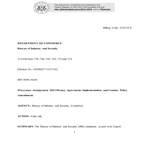 Bis issues wassenaar arrangement implementation | PDF | Business Accounting & Finance | Business