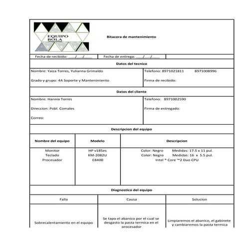 bitácora de mantenimiento en excel | PDF