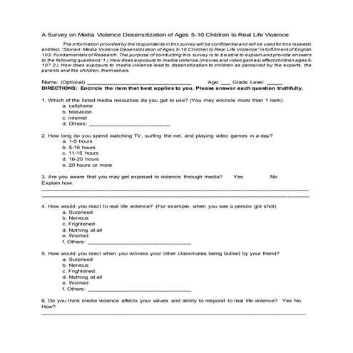 A Survey on Media Violence Desensitization of Ages 5-10 Children to ...