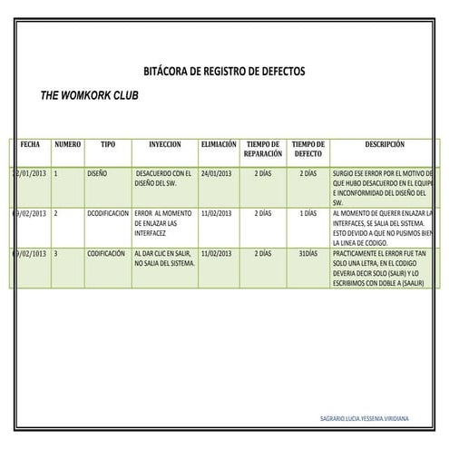 Bitácora De Registro De Defectos Docx
