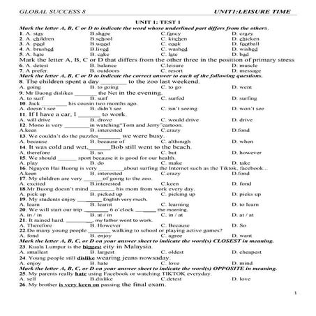 Bài tập bổ trợ anh 8 Global UNIT 1 (PRACTICE TEST) .doc