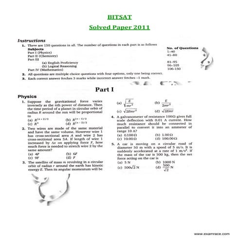 Bitsat 2011 questions with solutions | PDF