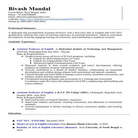 Bivash Mandal Assistant Professor of English | Academic CV | Resume for ...
