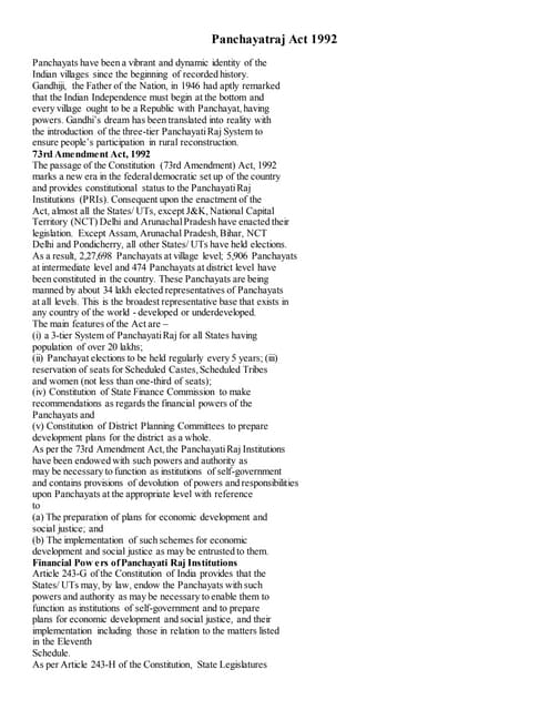 Panchayati raj system article (243 A -243 o) 73th amendment act 1992 | PPTX