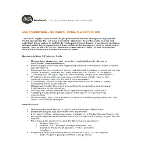 B& job description sr. digital media planner (5.27) | PDF
