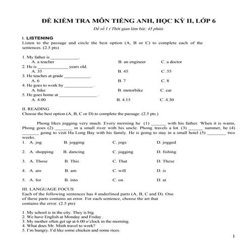 Bộ đề kiểm tra hkii tiếng anh lớp 6 | DOC