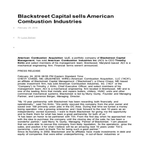 Blackstreet capital sells american combustion industries murry gunty | DOCX