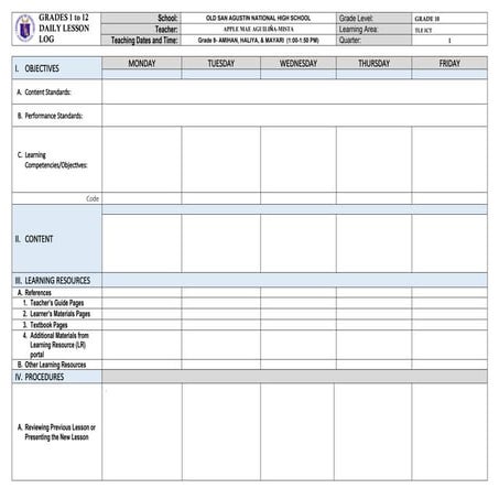 Blank Daily lesson plan for Information Communication Tech | DOCX