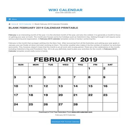 Blank February 2019 Calendar Printable | PDF