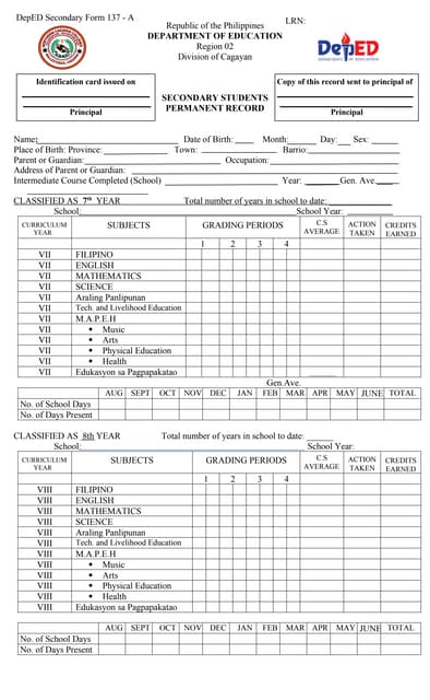 Form 137 school permanent record | DOCX | Professional School | Postgraduate Education