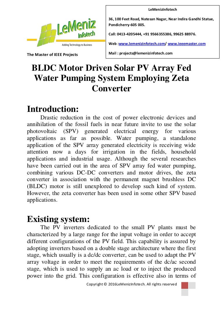 Bldc Motor Driven Solar Pv Array Fed Water Pumping System Employing Z