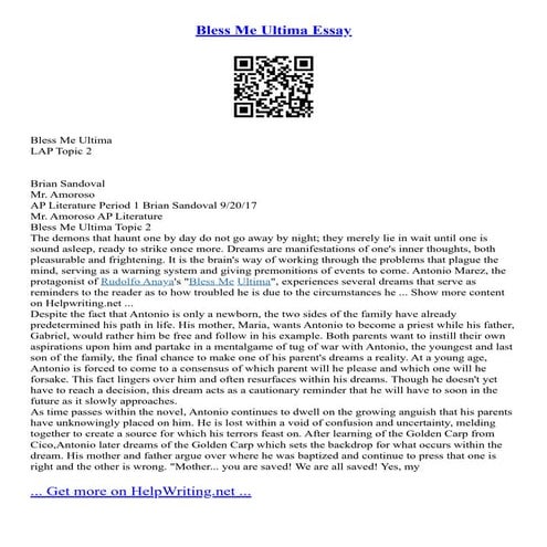 Bless Me Ultima Essay | PDF