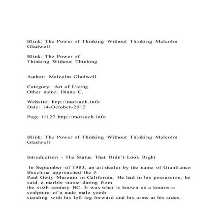 Blink The Power of Thinking Without Thinking Malcolm Gladwell | PDF