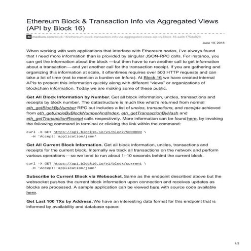 Block 16 - Ethereum block transaction info via aggregated views API by Block 16 | PDF