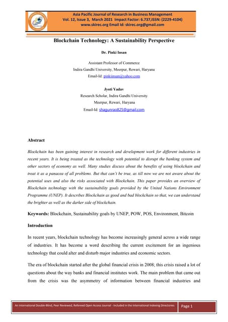 Blockchain Technology A Sustainability Perspective Pdf