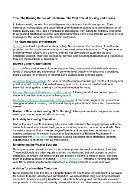 The Heart of Healthcare : Exploring the Essential Role of Nursing | PDF