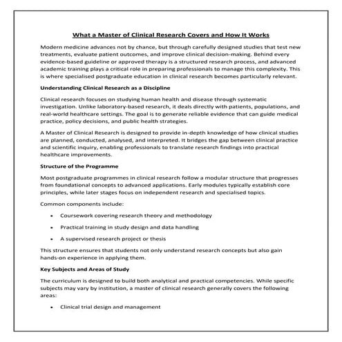 What a Master of Clinical Research Covers and How It Works | PDF