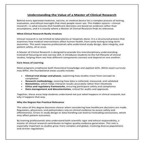 Understanding the Value of a Master of Clinical Research | PDF