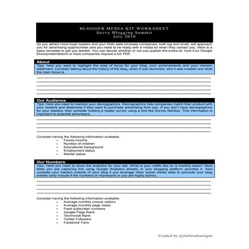 Blogger media kit worksheet | DOCX | Marketing and Advertising | Business