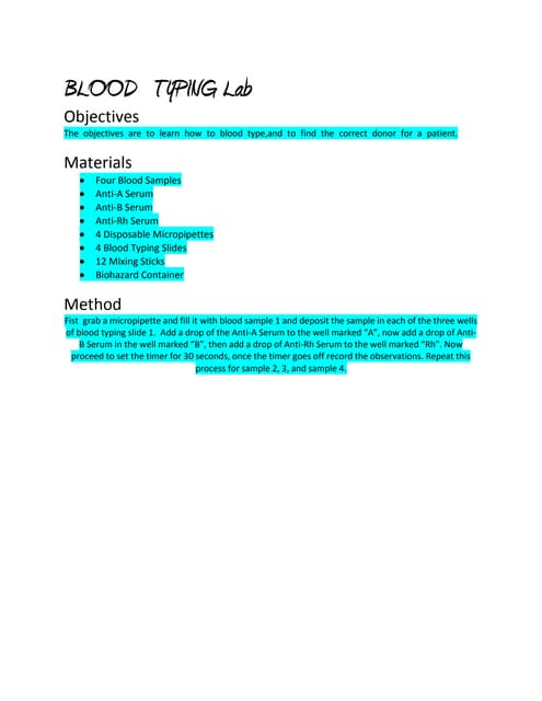 Blood typing lab | DOCX | Medical Health