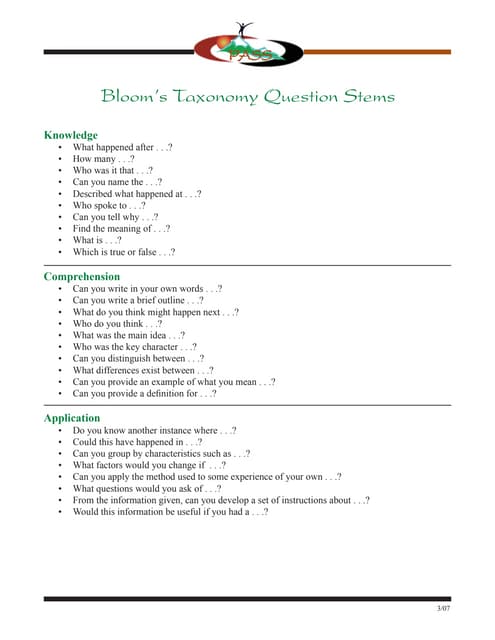 Sample questions stems based in revised Bloom's taxonomy | PDF