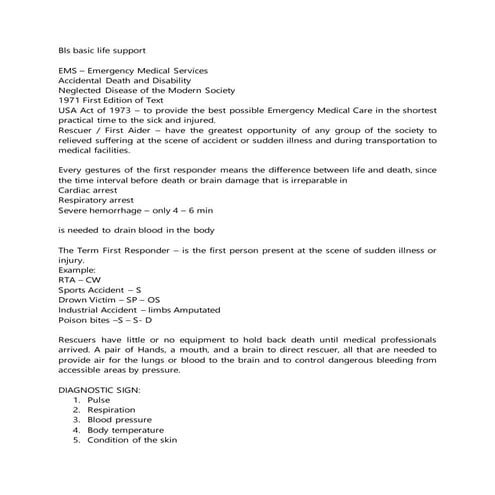Bls basic life support | DOCX | First Aid | Injuries