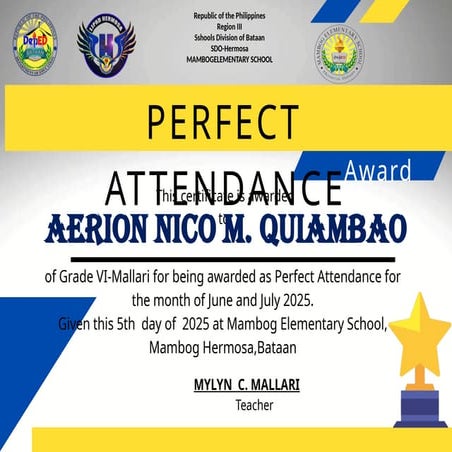Blue and Yellow Perfect Attendance Certificate.pptx