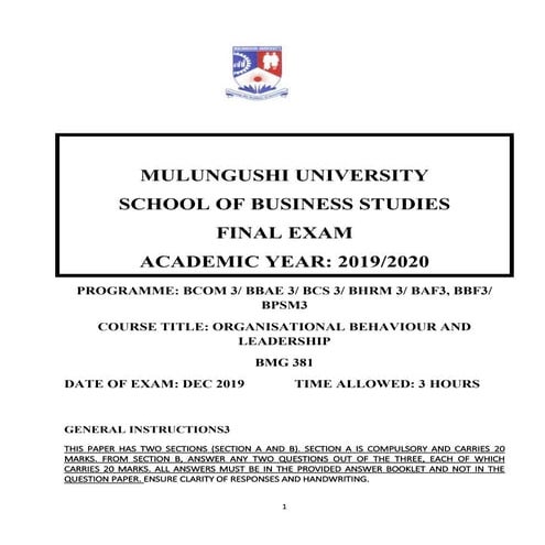 Bmg 381 exam paper 2019 | PDF