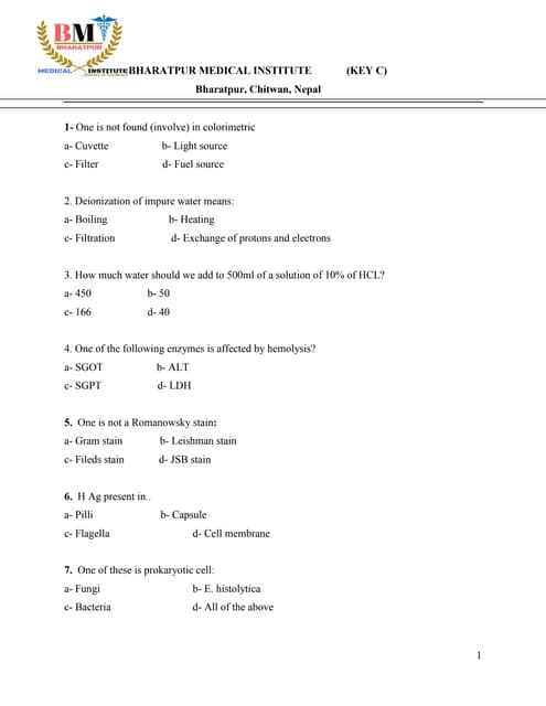 MCQ for Medical Lab Technician | PDF | Blood Disorders | Diseases and Conditions