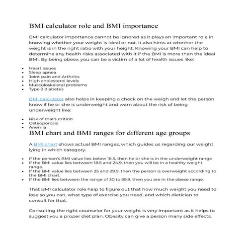 BMI calculator role and BMI importance | PDF