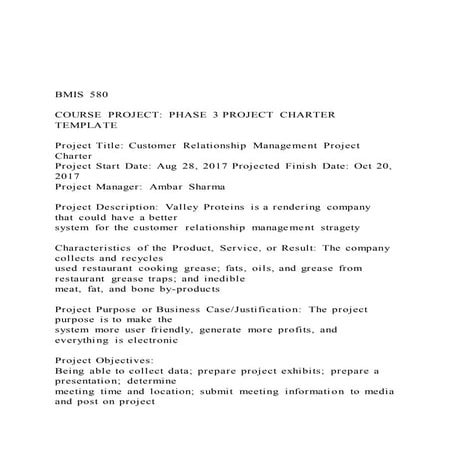 BMIS 580COURSE PROJECT PHASE 3 PROJECT CHARTER TEMPLATE | DOCX