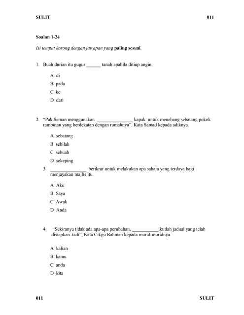 Kertas soalan bm pemahaman tahun 4 peperiksaan pertengahan tahun | PDF
